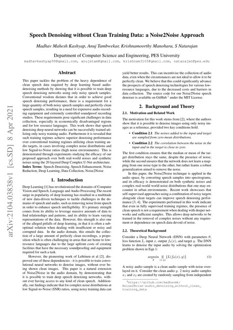 pdf speech denoising without clean training data a noise2noise approach