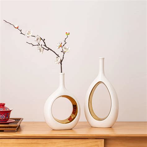White Ceramic Vase Set 2 For Modern Home Decor Hollow Round Flower