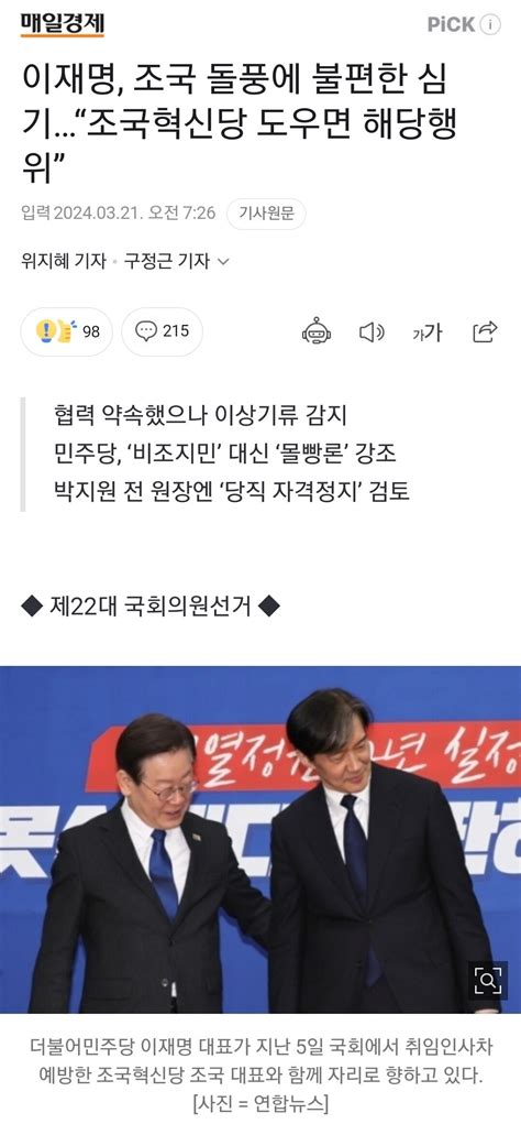 이재명 조국 돌풍에 불편한 심기조국혁신당 도우면 해당행위 정치시사 에펨코리아