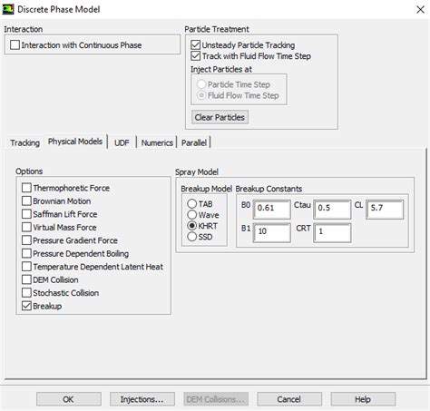 Discrete Phase Model DPM Particle Break Up Has Particle Size Limits During Particle Tracking