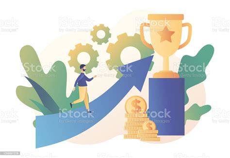 성공 개념 상을 가진 작은 사람들 컵 비즈니스 팀 성공 성취 개념 사업가는 성공을 위해 한 걸음 더 나아간다 성공으로 이어지는