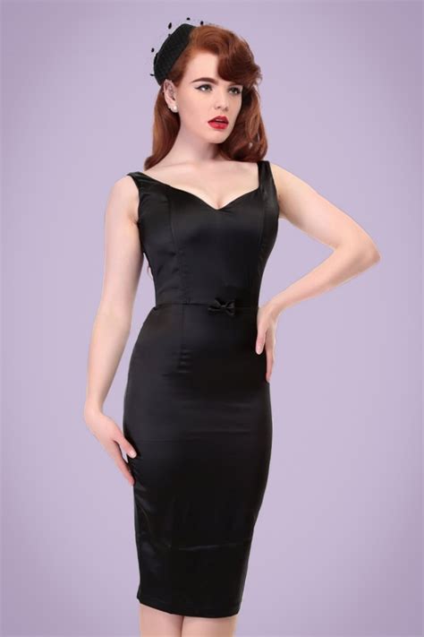 50s Primrose Satin Pencil Dress In Black