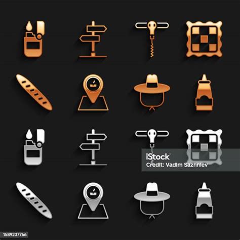 피크닉 장소 체크 무늬 냅킨 소스 병 캠핑 모자 프렌치 바게트 빵 와인 코르크 마개 라이터 및 도로 교통 표지판 아이콘을 설정합니다 벡터 검은색에 대한 스톡 벡터 아트 및