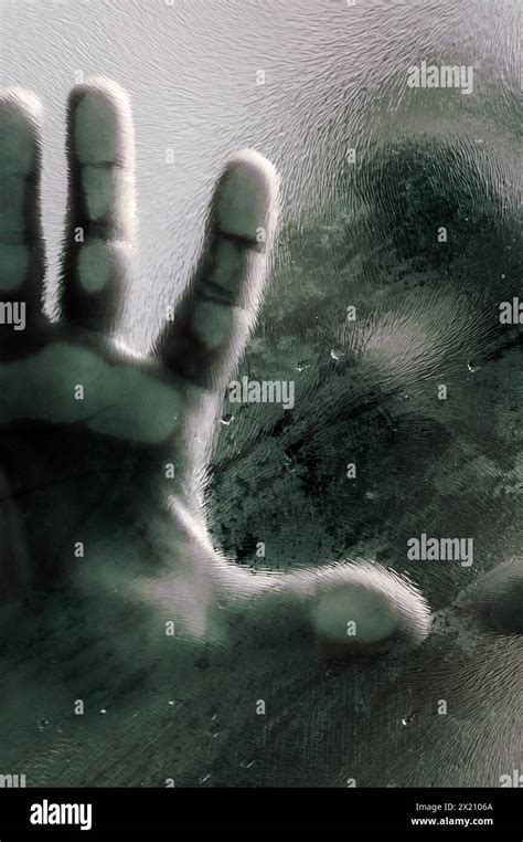 Mans Figure With Hands Pressed Against Frosted Glass Shadow Of A Man