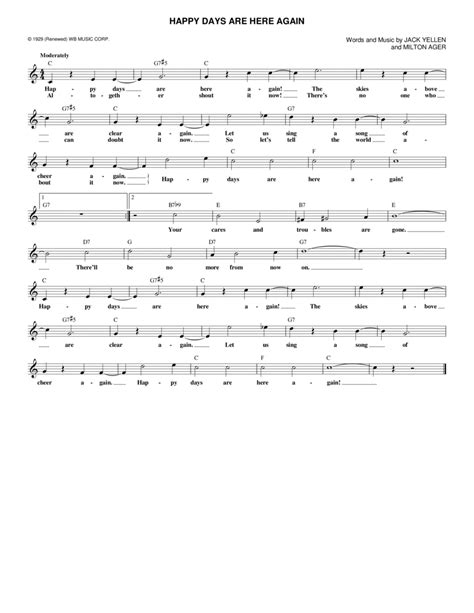 Happy Days Are Here Again By Milton Ager Guitar Piano C Instrument