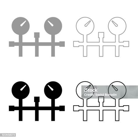 압력 게이지 및 파이프 압력계 미터 진공 가열 가스 물 오일 펌프 측정 장치 시스템 세트 아이콘 회색 검정 색상 벡터 그림 이미지 솔리드 채우기 윤곽선 등고선 얇은 플랫