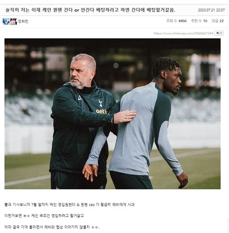 봐봐 케인 떠날 확률이 더 높아보였다니까 ㅇㅇ 해외축구 에펨코리아