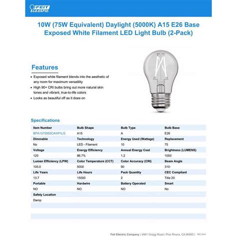 Feit White Filament A E Medium Filament Led Bulb Daylight Watt Equivalence Pk
