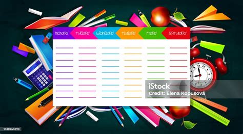 일일 계획의 개념 만화 스타일의 수업 일정 칠판의 배경에 학교 과목과 용품의 배경에 대한 수업과 수업의 주간 일정 계산기에 대한 스톡 벡터 아트 및 기타 이미지 Istock
