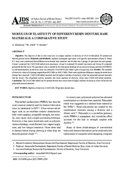 Pdf Modulus Of Elasticity Of Different Resin Denture Base Materials
