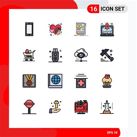 Set Of 16 Vector Flat Color Filled Lines On Grid For Cart Rocket Face Laptop Layout Editable