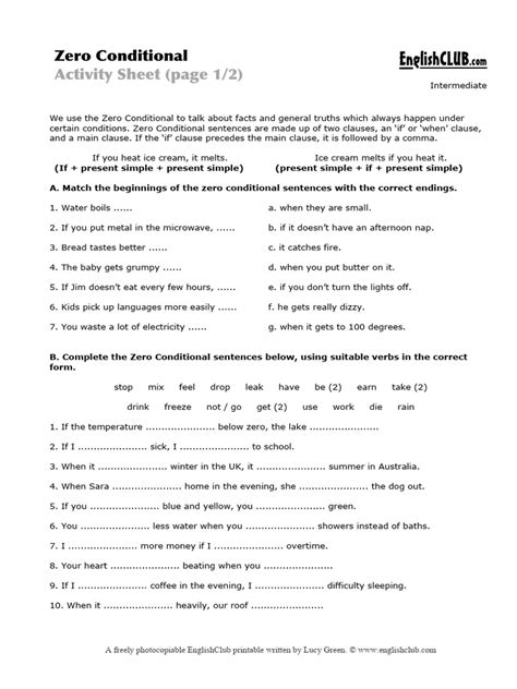 Zero Conditional Activity Pdf Ice Grammar