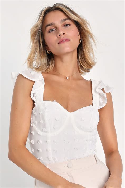 Ivory Swiss Dot Bodysuit Ruffle Strap Top Ivory Bodysuit Lulus
