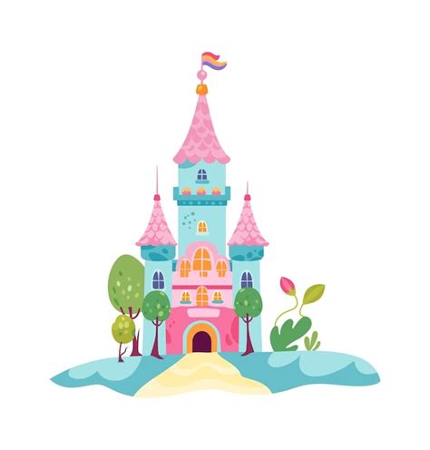 Castillo De Cuento De Hadas Con Bandera Vector Premium