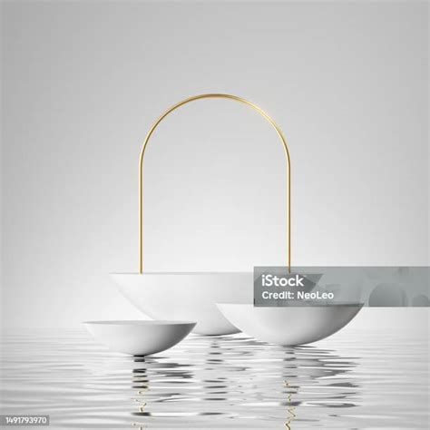 3d 렌더링 추상적인 미니멀리스트 흰색 배경 제품 프레젠테이션을 위한 빈 반구 플랫폼 황금 아치 및 물 속의 반사 0명에 대한 스톡 사진 및 기타 이미지 Istock