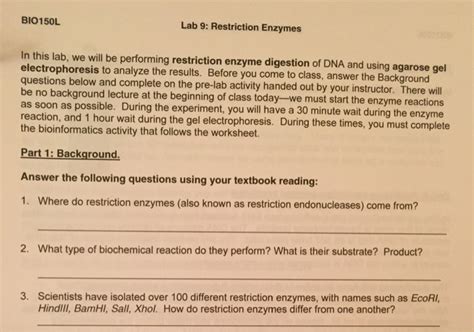 Solved In This Lab We Will Be Performing Restriction Enzyme Chegg Com