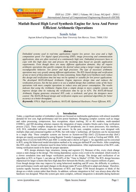 Matlab Based High Level Synthesis Engine For Area And Power Efficient