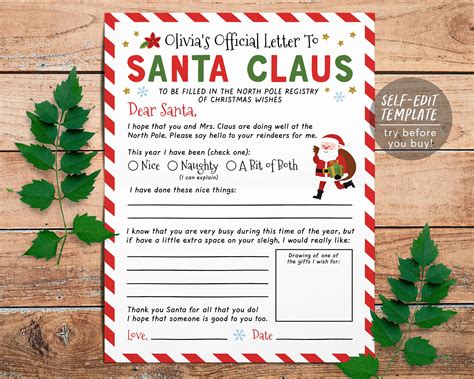 Letter To Santa Editable Template Christmas Holidays Wish List For Ki