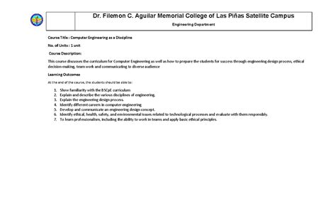 Syllabus Computer Engineering As A Discipline Engineering Department