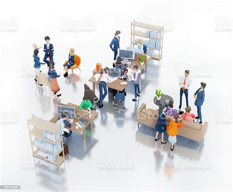 일하는 사람들이 많은 큰 사무실 공간 비즈니스 팀은 함께 일하고 사람들은 회의를 하고 거래에 대해 논의하고 프로젝트 진행 상황을 논의합니다 평면도 아이소메트릭 투영 3d