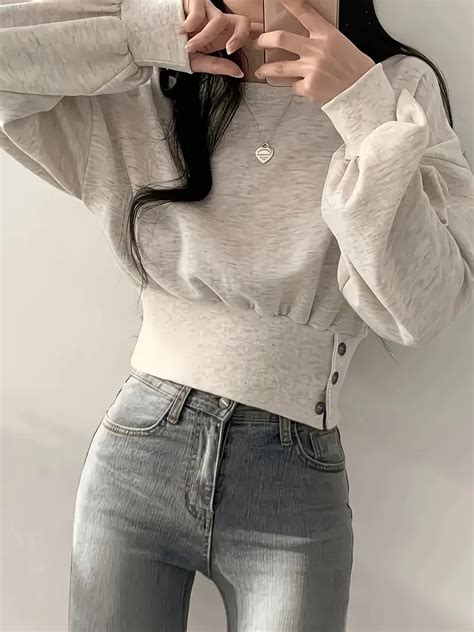 Solid Color Crew Neck Pullover Sweater Y2k Long Sleeve Temu Canada