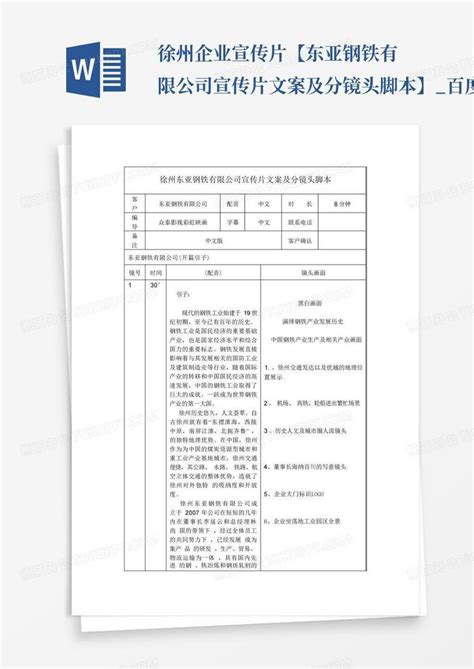 徐州企业宣传片东亚钢铁有限公司宣传片文案及分镜头脚本Word模板下载 编号lzazkvez 熊猫办公