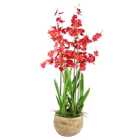 90cm Oncidium Artificial Orchid Red In Stoneware Planter Leaf Design