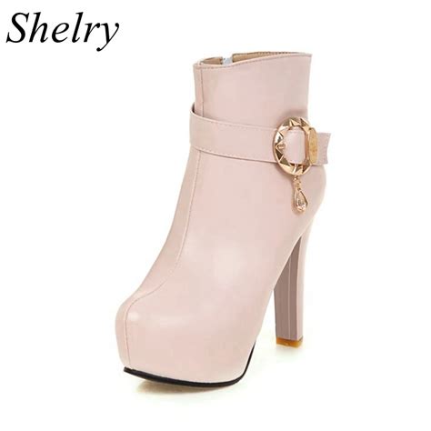 2016 우아한 발목 부츠 얇은 하이힐 높은 플랫폼 부츠 부드러운 가죽 버클 사이드 여성 부츠 패션 여성 신발 앵클 부츠 Aliexpress