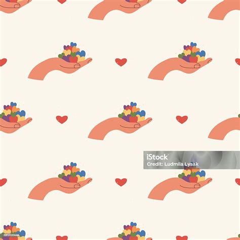 프라이드의 달 완벽 한 패턴 레인보우 하트 Lgbt 와 손 색의 깃발 짙은 흰색 배경에 벽지 Lgbtq 프라이드 커뮤니티의 상징 트렌디한 휴일 배경 벡터 일러스트 레이 션
