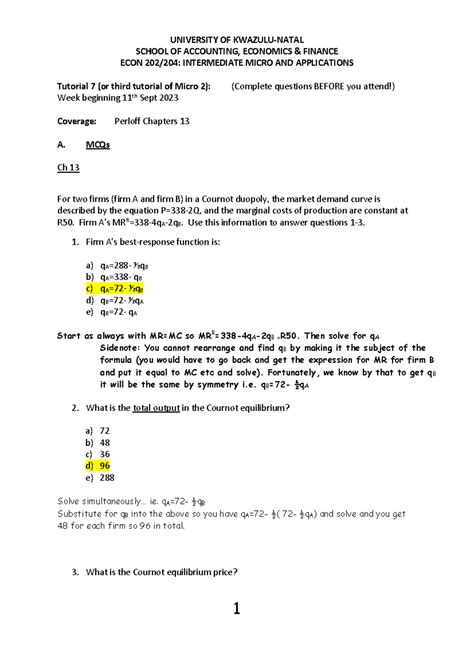Tut 7 Solutions Tut Solution University Of Kwazulu Natal School Of Accounting Economics