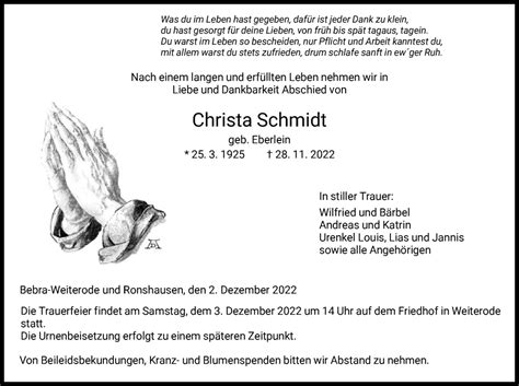 Traueranzeigen Von Christa Schmidt Trauer Hna De