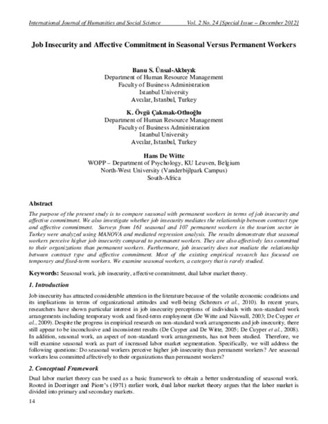 Pdf Job Insecurity And Affective Commitment In Seasonal Versus