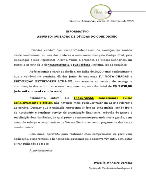 Quitação De Dívidas Do Condomínio Ecospace4 Pdf