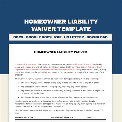 Homeowner Liability Waiver Form Microsoft Word PDF Google Docs Template
