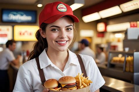 Young Girl Fast Food Worker Smiling And Cheerful Friendly Service