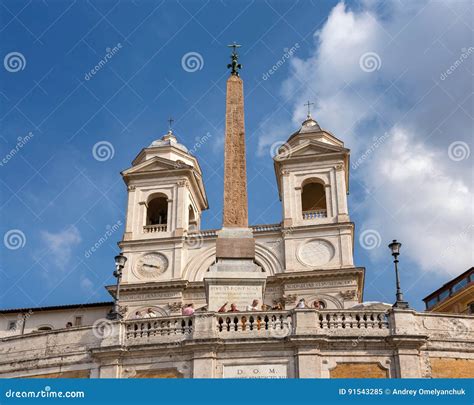 Egyption Obelisk And Trinita Dei Monti Church On Top Of Spanish