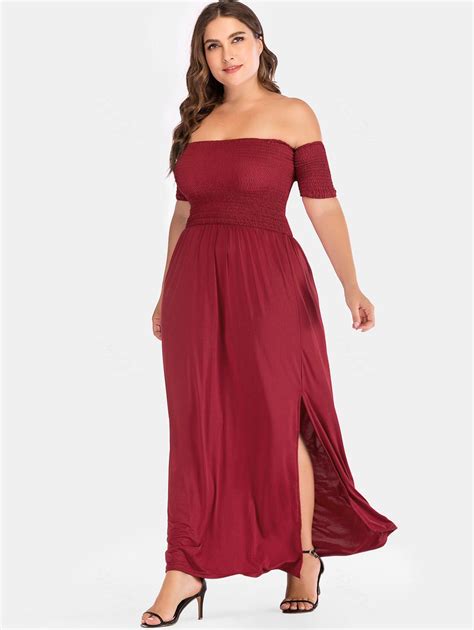[44 Off] Off The Shoulder Plus Size Side Slit Maxi Dress Rosegal