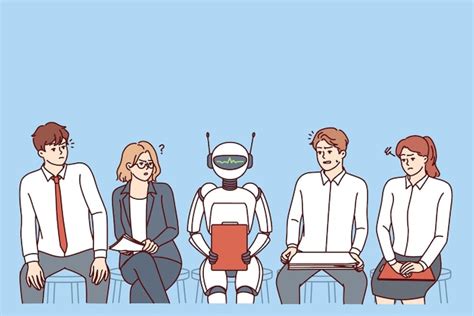 Premium Vector Ai Robot Sits Among Frustrated Job Seekers Losing Jobs Due To Innovative