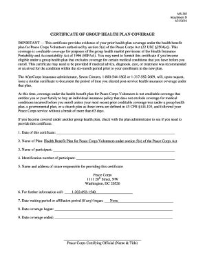 Fillable Online Files Peacecorps Certificate Of Group Health Plan Coverage Peace Corps Files