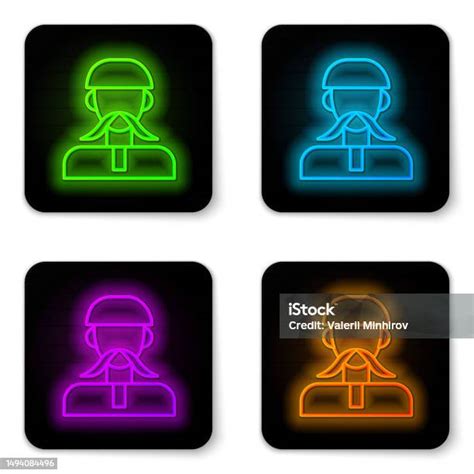 빛나는 네온 라인 우크라이나어 코사크 아이콘 은 흰색 배경에 고립 검은 색 사각형 버튼 벡터 가공의 인물에 대한 스톡 벡터 아트 및 기타 이미지 Istock