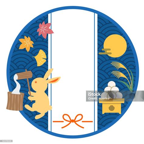 토끼를 두드리는 떡 보름달 스스키 풀의 삽화로 장식된 달 관찰을 위한 라벨 디자인 No Text Ver 가을 단풍에 대한 스톡 벡터 아트 및 기타 이미지 Istock