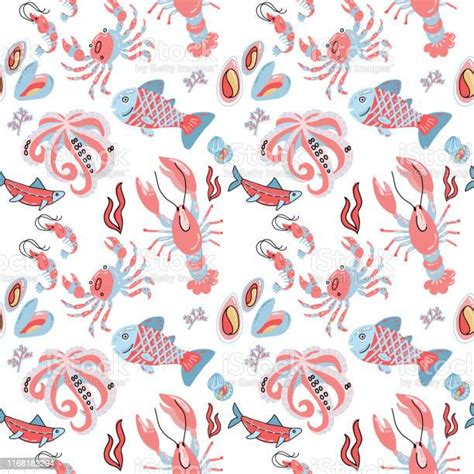 손으로 그린 낙서 조명과 스칸디나비아 스타일의 해산물 원활한 Patern 흰색 배경에 격리 된 간단한 인쇄 많은 해양 주민 물고기 문어 게 랍스터 조개 갑각류에 대한 스톡