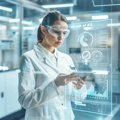 premium photo woman in lab coat using tablet to analyze data in front
