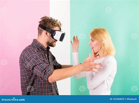 She Is Invisible For Him Man Vr Glasses Involved Video Game While Girl