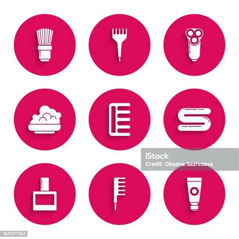 헤어 브러시 크림 또는 로션 화장품 튜브 수건 애프터 쉐이브 면도 젤 폼 남성용 전기 면도날 및 아이콘을 설정합니다 벡터 털에 대한 스톡 벡터 아트 및 기타 이미지 Istock