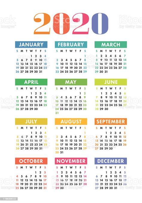 달력 2020 년 벡터 디자인 템플릿입니다 컬러풀한 잉글리시 세로 포켓 캘린더 주 시작 일 0명에 대한 스톡 벡터 아트 및 기타 이미지 Istock