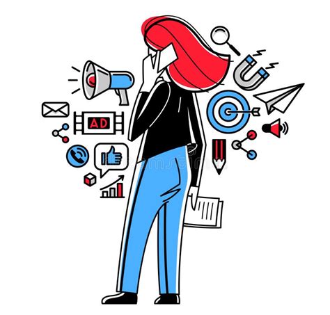 Marketing Theme Vector Outline Illustration Marketer Analyzing And Creating Plan And Strategy