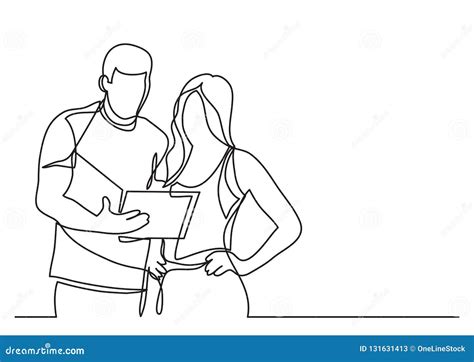 Standing Man And Woman Discussing Paperworks Continuous Line Drawing