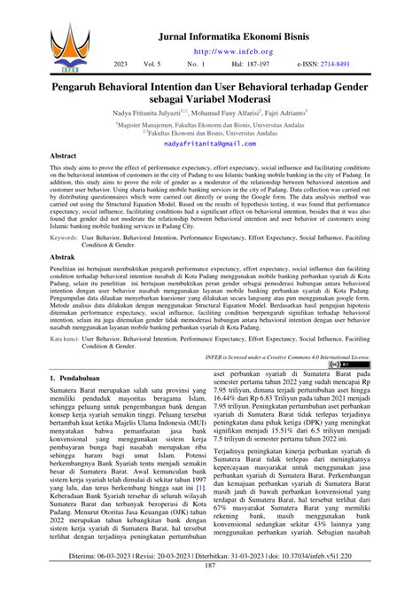 Pdf Pengaruh Behavioral Intention Dan User Behavioral Terhadap Gender Sebagai Variabel Moderasi