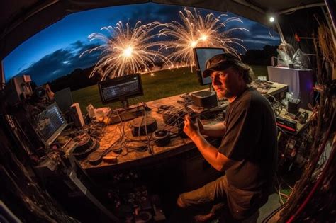 Premium Ai Image A Man Sits In A Control Room With Fireworks Behind Him